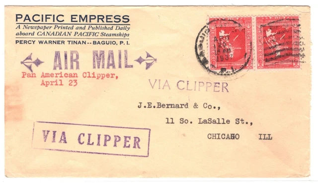 PHILIPPINES AIR MAIL Cover PAN AM *CLIPPER* Baguio USA IL Chicago 1937 ...