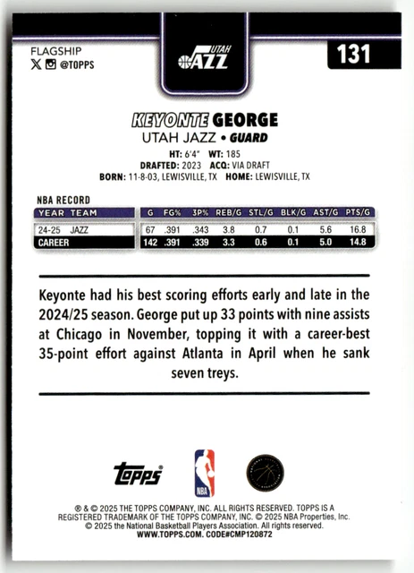 TOPPS NBA FLAGSHIP 2025 No. 131 Keyonte George Oro 1368/2025 EUR 5,48 ...