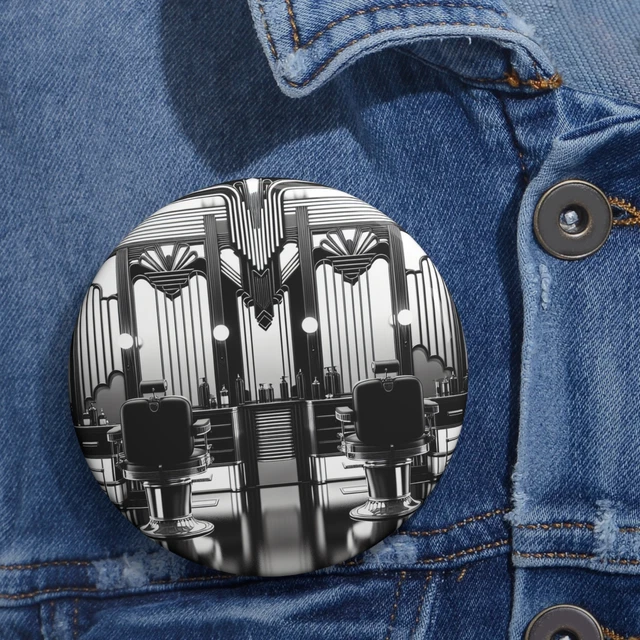 CUSTOM PIN BUTTON Badge Art Deco Monochrome Barber Shop Interior Design ...