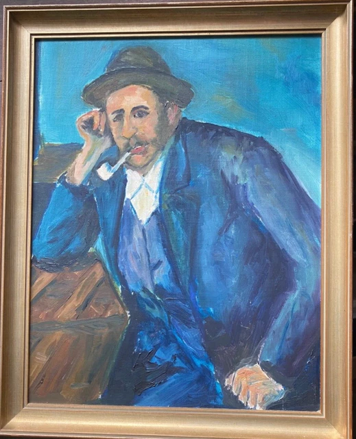 PINTURA AL ÓLEO Retrato Mann con Pipa Azul Traje Verso Ref. Günter ...
