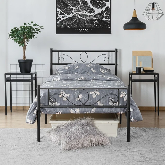 SINGLE METAL BED Frame 3ft Black Modern Iron with Headboard Footboard ...