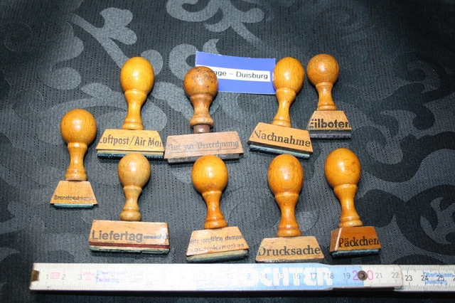 9 ALTE Poststempel Holzstempel Post Drucksache,Luftpost, Eilboten ...