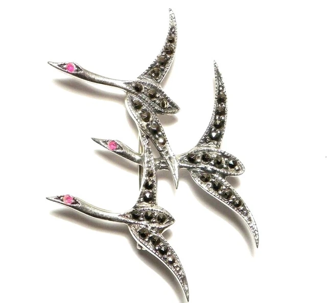 RARE ANTIQUE SILVER Art Deco Three Flying Ducks Garnet Eyes and ...