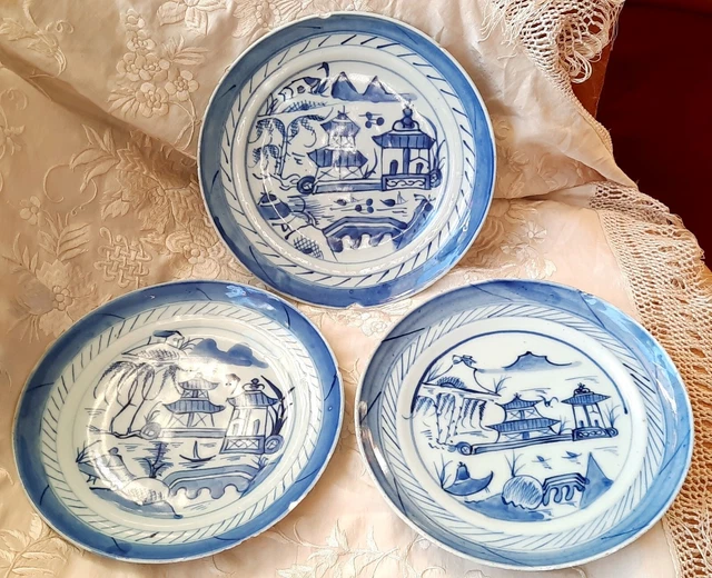 3 ANTIQUE CHINESE Porcelain 19 C Plates Canton Landscape Blue White 21 ...