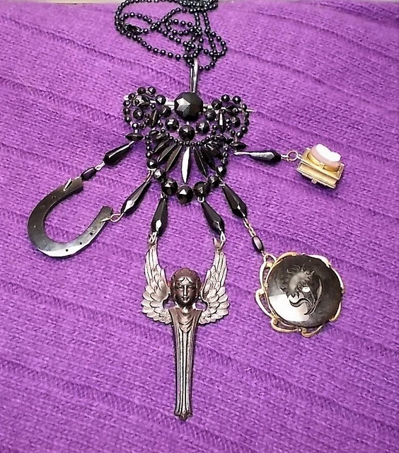 ANTIQUE CHATELAINE BLACK Mourning Jet Glass Heart Brooch, Angel, Locket ...