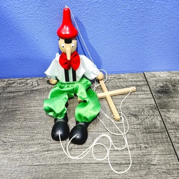 VINTAGE STRING PUPPET Marionette Pinocchio Wood Long Nose Boy Fabric ...