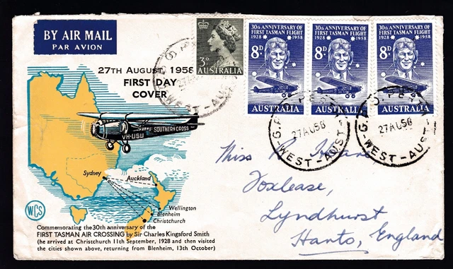 1958 ANNIVERSARY TASMAN Flight Pre-Decimal Stamp Wesley First Day Cover ...