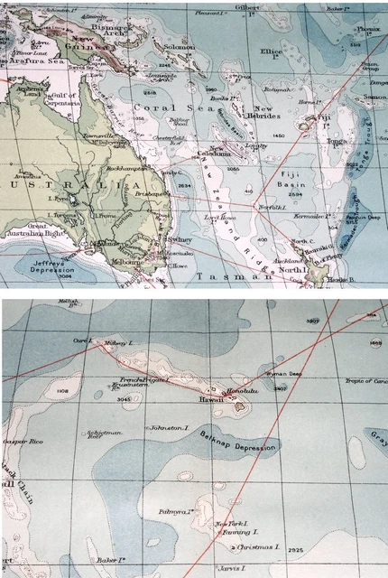 1908 ANTIQUE PHYSICAL Map Of Pacific Ocean Oceania Hawaii Australia ...