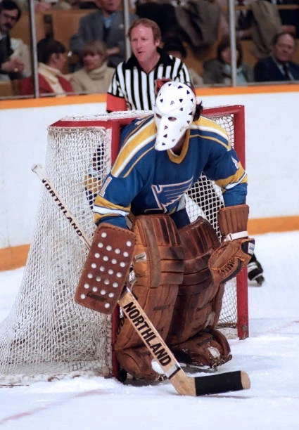 REFEREE GREG MADILL watches Mike Liut of the St. Louis Bl- Ice Hockey ...