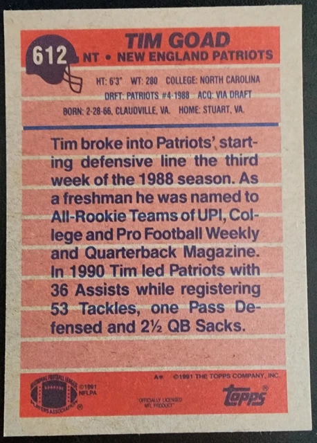 CARTE FOOTBALL TIM Goad 1991 Topps #612 EUR 1,37 - PicClick FR