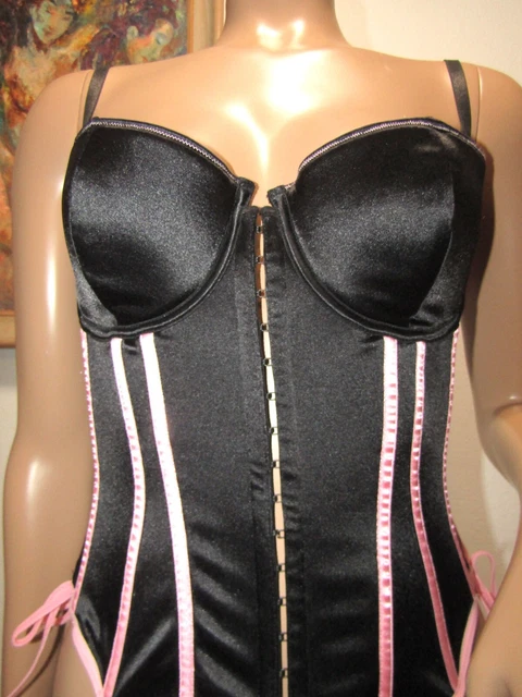 Victorias Secret Satin Pink Black Stretch Corset Bustier Top Boned