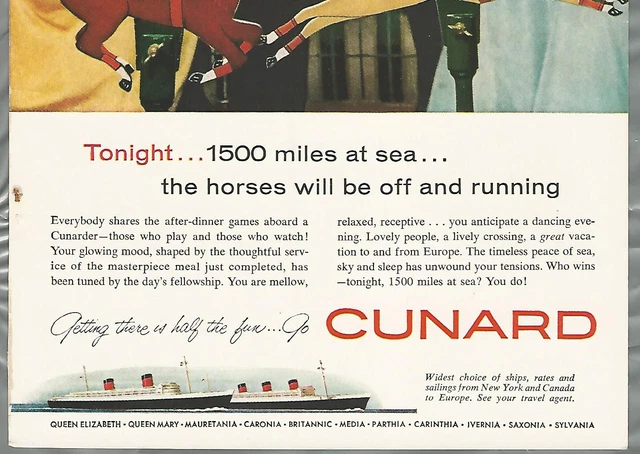 1958 CUNARD LINES advertisement, RMS Queen Mary & Elizabeth ...