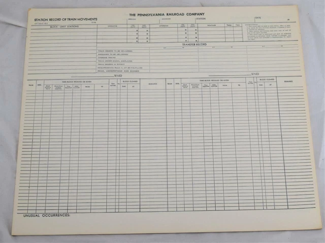 1970 PENNSYLVANIA RAILROAD Station Record Train Movements Chart 2 Sided ...