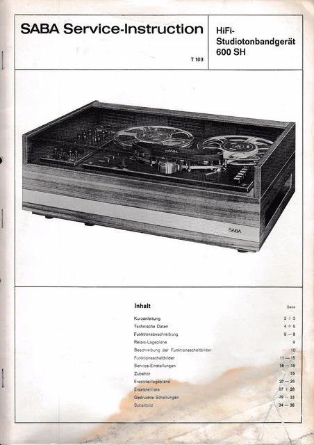 SERVICE MANUEL D'INSTRUCTIONS Saba TG 600 Sh Studiotonbandgerät EUR 14,72 - PicClick FR