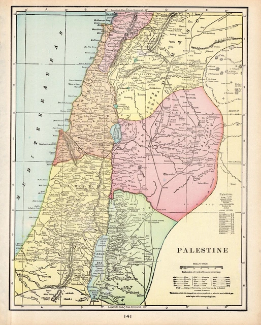 1902 ANTIQUE PALESTINE Map George Cram Atlas Map of Palestine Wall ...