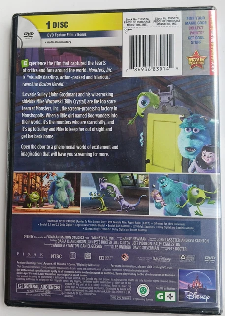MONSTERS INC DVD Disney Pixar 2013 Brand New Factory Sealed Cellophane ...