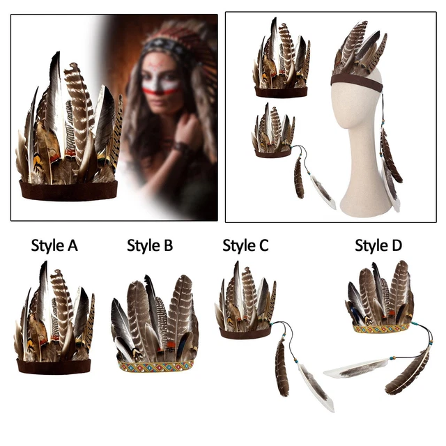 FEATHER HEADDRESS HEADWEAR American Chief Indian Native Headpiece ...