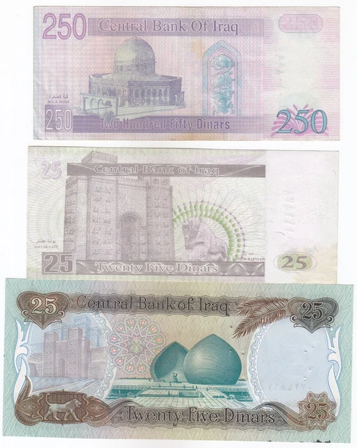 IRAQ, (SET OF 3) 25, 25, 250, Dinars, All Different Old Issues ...