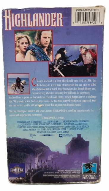 HIGHLANDER VHS TAPE Sean Connery Christopher Lambert Action 1993 New ...