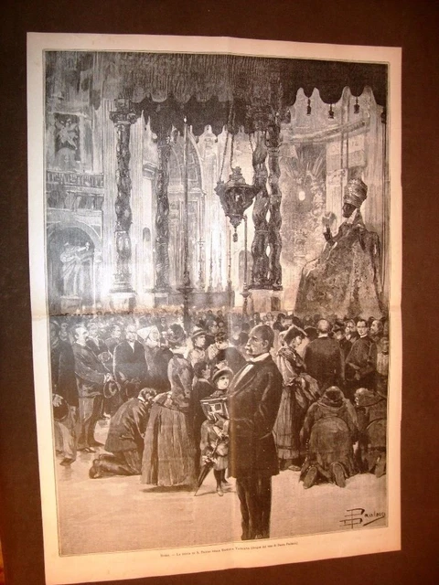 INCISIONE ENORME DEL 1887 Roma La Festa di San Pietro nella Basilica ...