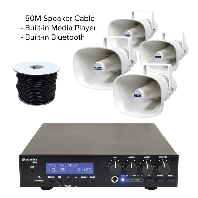 ADASTRA UM60 KOMPAKTMIXER-AMP mit 4x 15W Horn-Lautsprechern & 100m ...