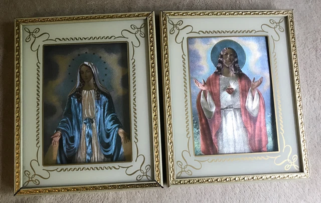 AMAZING VTG CATHOLIC Art Foil Pictures Sacred Heart Of Jesus & Mary ...