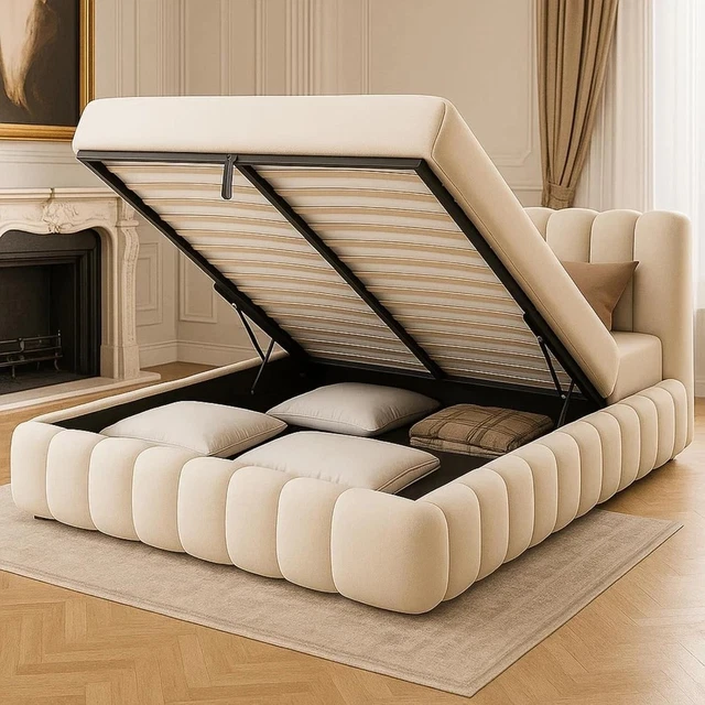 CLOUD TEDDY BOUCLE Panel Bed Frame Upholstered Gas Lift Storage ...