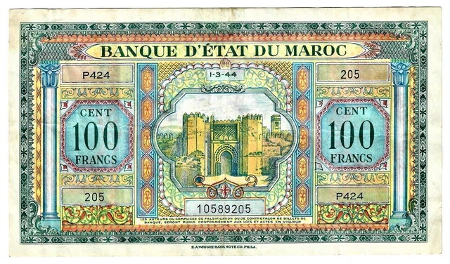 MAROC: BANQUE D'ETAT Du Maroc 100 Francs 1.5.1943 Pick 27 EUR 172,55 ...