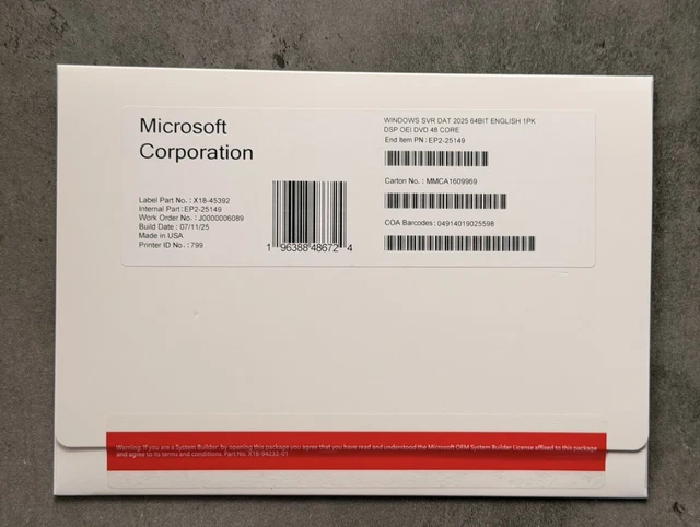 MICROSOFT WINDOWS SERVER 2025 Datacenter 64-Bit 48 Core £58.94 ...