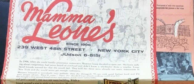 VINTAGE MAMA LEONE'S italienisches Restaurant 1960er Jahre Souvenirmenü ...