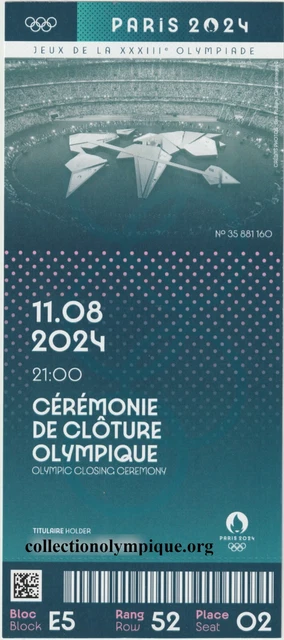 JEUX OLYMPIQUES PARIS 2024 ticket - billet cérémonie de clôture vert ...