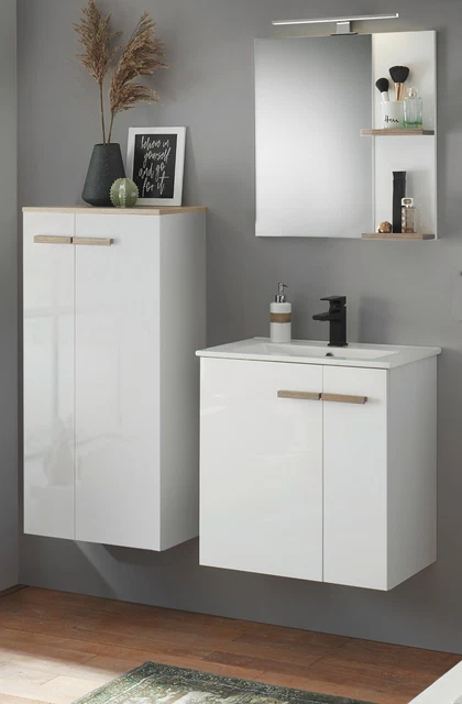 BADMÖBEL SET WEISS Hochglanz Lack und Eiche Badkombination MIT Waschbecken Dense EUR 889,99 ...