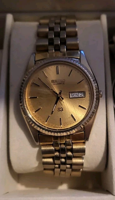AUTHENTIC SEIKO QUARTZ Golden Dial Day Date Men's Vintage Watch New Battery £45.00 - PicClick UK