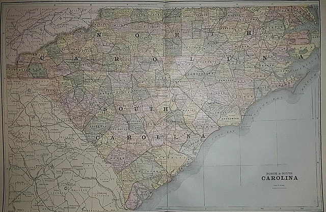 ANTIQUE 1893 RAILWAY & County Map ~ NORTH SOUTH CAROLINA ~ Old Vintage ...