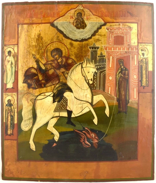 ANTIQUE RUSSIAN WOODEN orthodox icon of Saint George slaying the dragon ...
