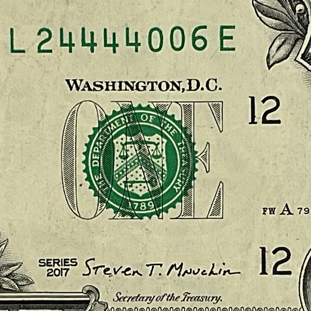 FOUR IN A Row 4s Fancy Serial Number 2017 One Dollar Bill L24444006E FW ...