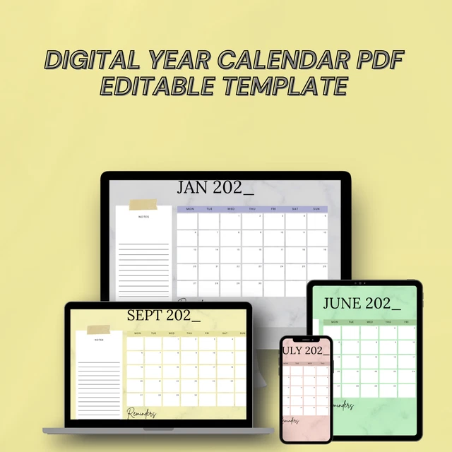 DIGITAL YEAR CALENDAR PDF Editable Colorful Template printable Instant ...