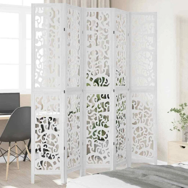 ROOM DIVIDER 5 Panels Office Privacy Screen White Solid Wood Paulownia ...