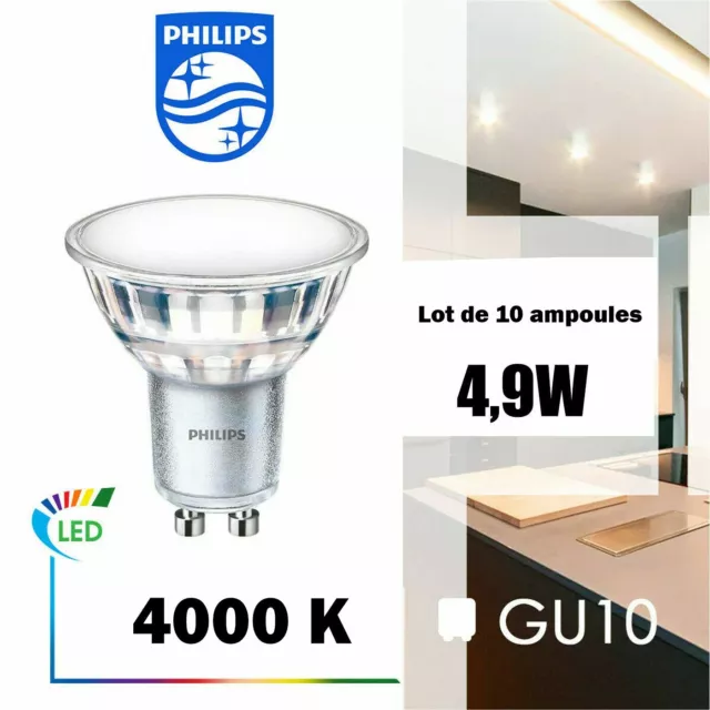 Lot De 10 Ampoules Led Corepro Gu10 4 9w 4000k 550lm 120° Philips Eur