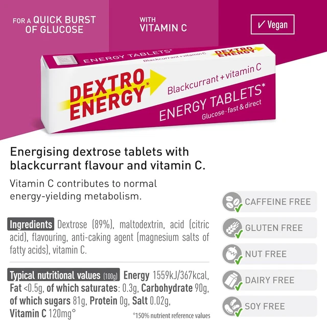 DEXTRO ENERGY BLACKCURRANT Glucose Tablets with Vitamin C, 47 g, 24 Packs, for a £23.78 ...