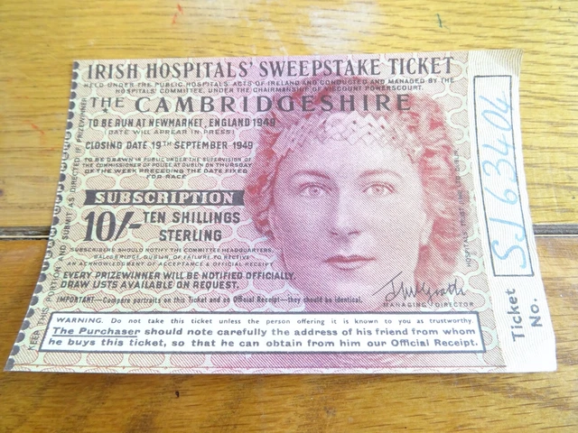 ORIGINAL IRISH HOSPITALS Sweepstake Ticket The Cambridgeshire 1949 £4. ...