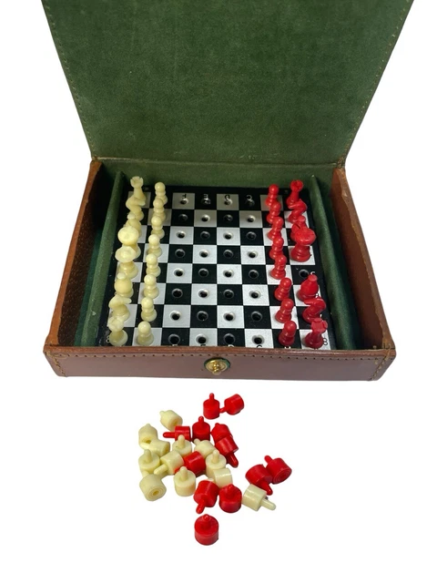 VINTAGE NOYMER MINIATURE Travel Chess & Checkers Set MISSING RED QUEEN ...