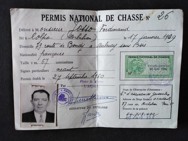 ANCIENNE CARTE PERMIS de chasse avec timbres 1961 1962 et 1963 - Aulnay ...