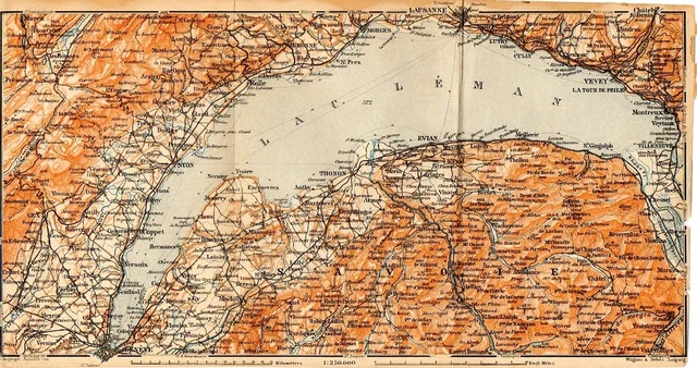 ALTE LANDKARTE GENFER SEE Old Map Geneve Lake Suisse 1905 EUR 10,00 ...