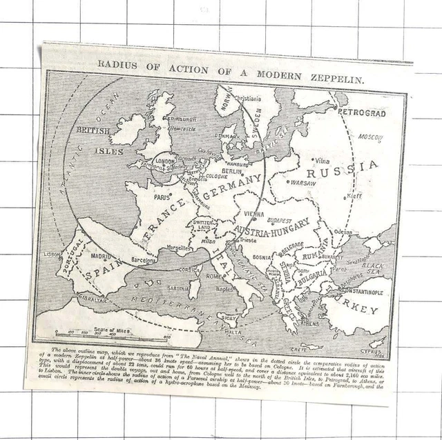 1915 A MAP Showing The Radius Of Action Of A Modern Zeppelin EUR 8,39 ...