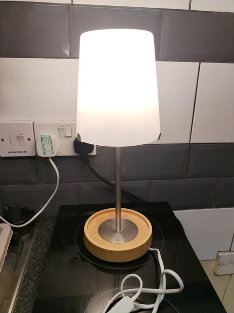 IKEA MINIMALIST WHITE Milk Glass/Birch/Steel BASISK Cone Table Lamp ...