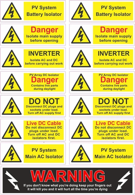 14 PV SOLAR Safety Electrical Warning Labels ac/dc danger high Voltage ...