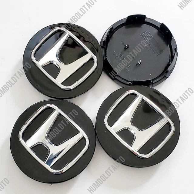 4 GLOSS BLACK Wheel Rim Center Caps With Chrome Logo For Honda 69MM/2. ...