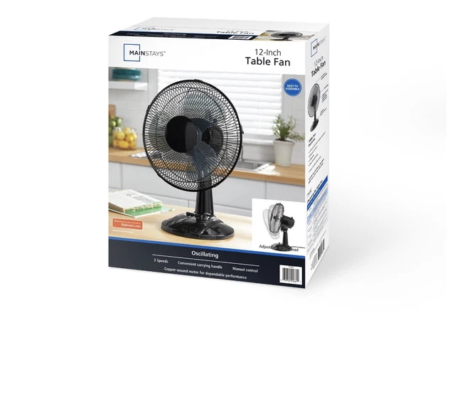 MAINSTAYS 12& 3-SPEED Oscillating Table Fan, Model# FT30-8MBB, Black ...