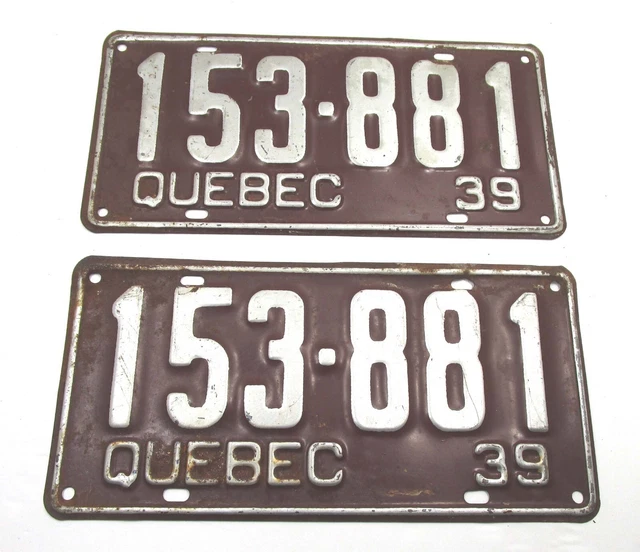 PAIR OF 1939 Quebec License Plate 153-881 QUEBEC 39 $299.95 - PicClick CA